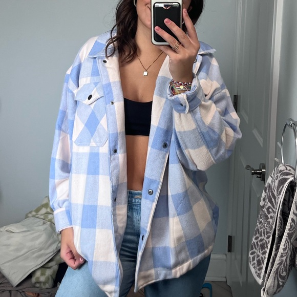 Jackets & Coats | Super Cute Pink And Blue Flannel Sherpa Jacket ...